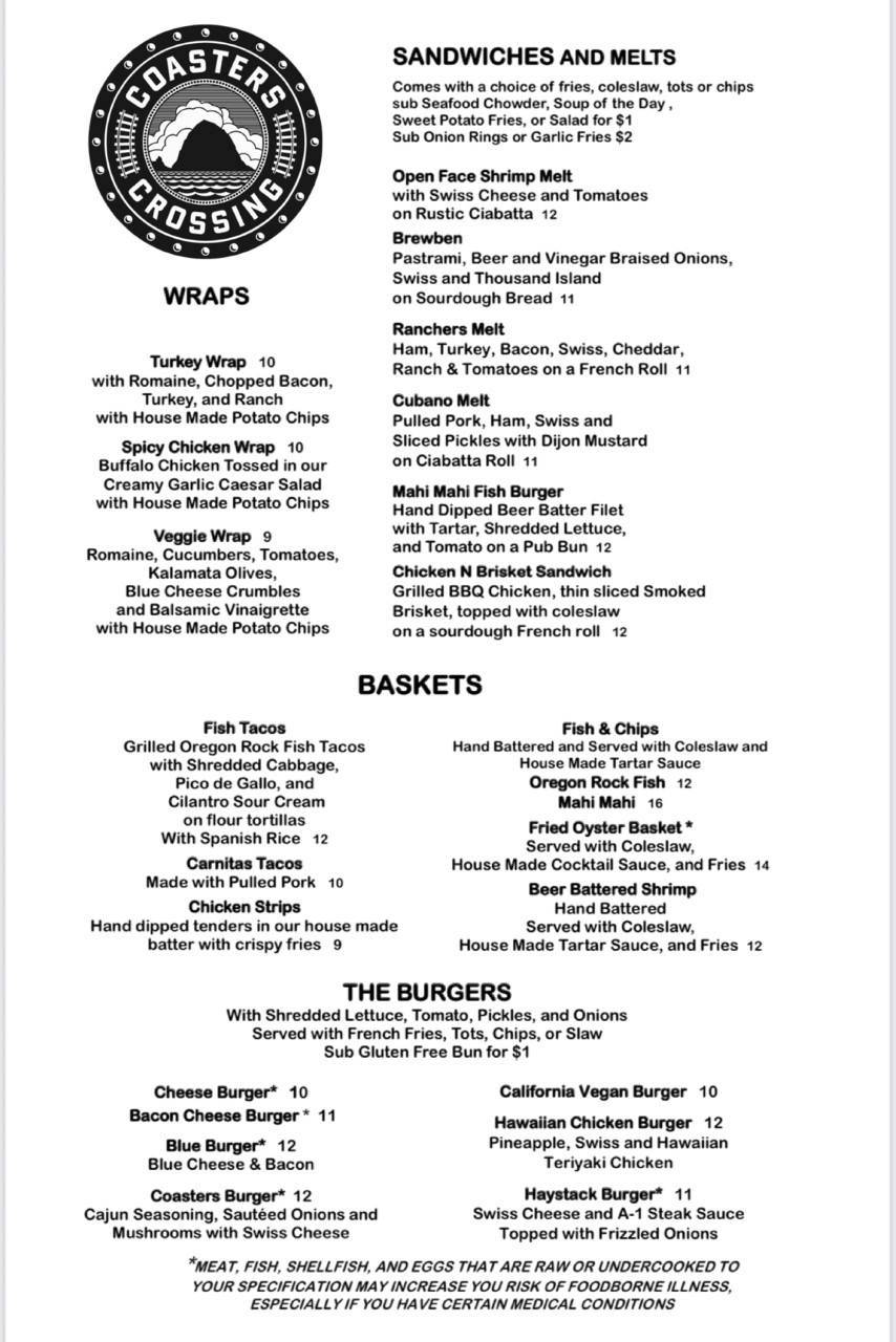 Menu at Coasters Crossing pub & bar, Oregon City