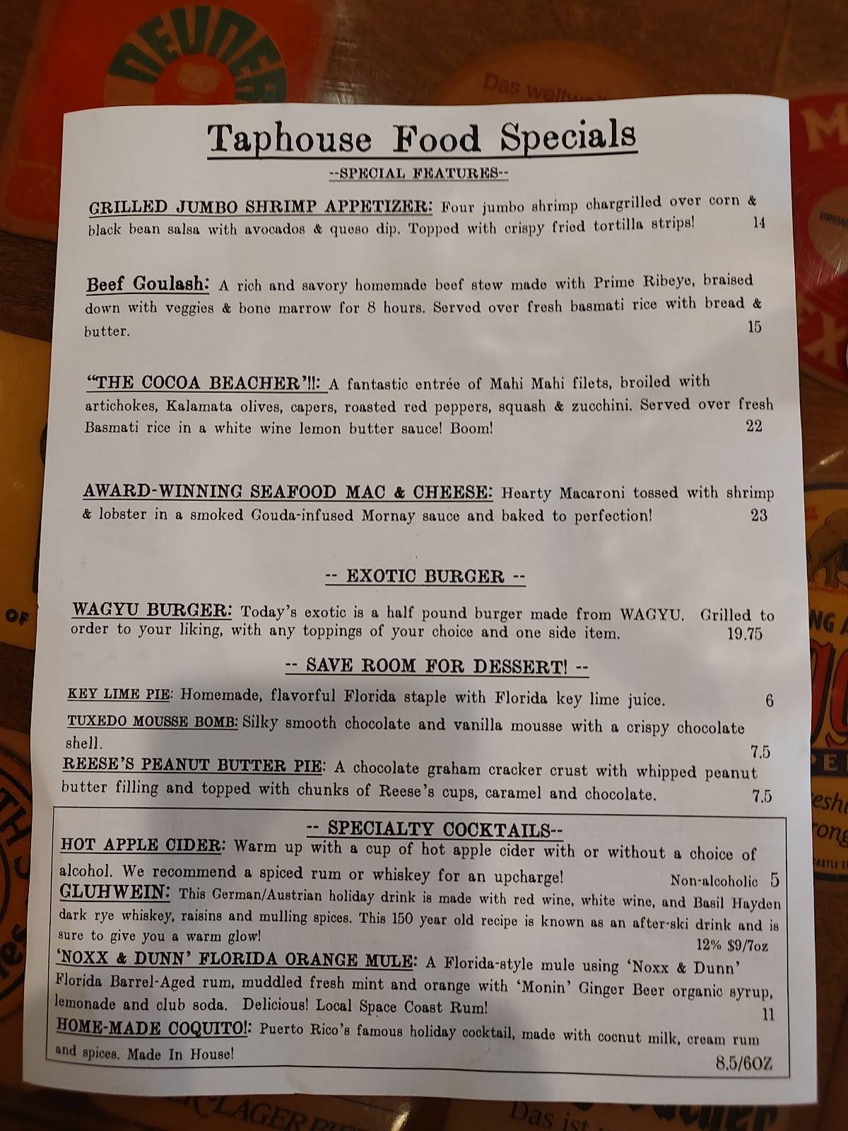 Menu at Coasters Taphouse pub & bar, Cocoa Beach