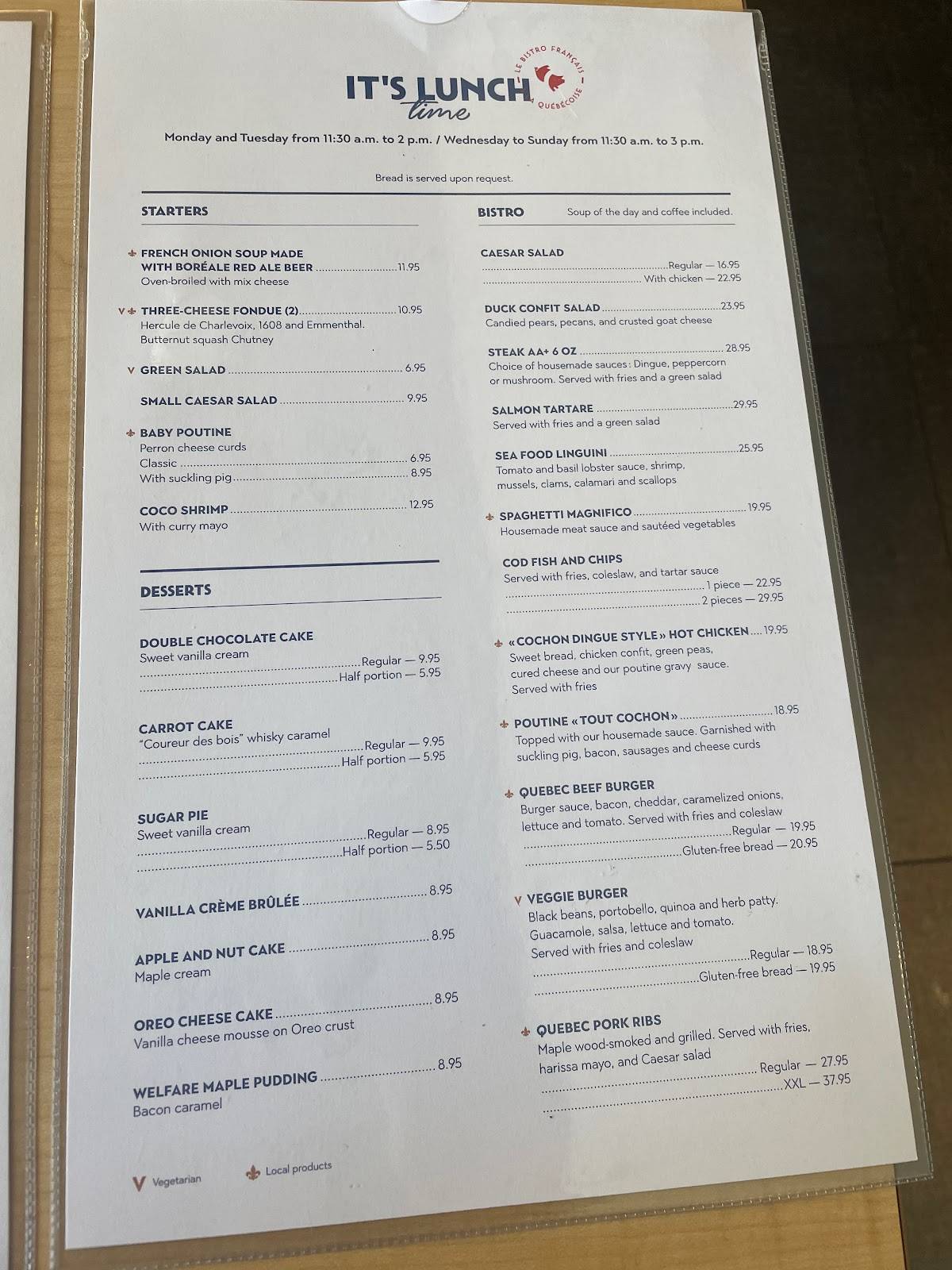 Menu au Cochon Dingue Grande Allée restaurant, Québec