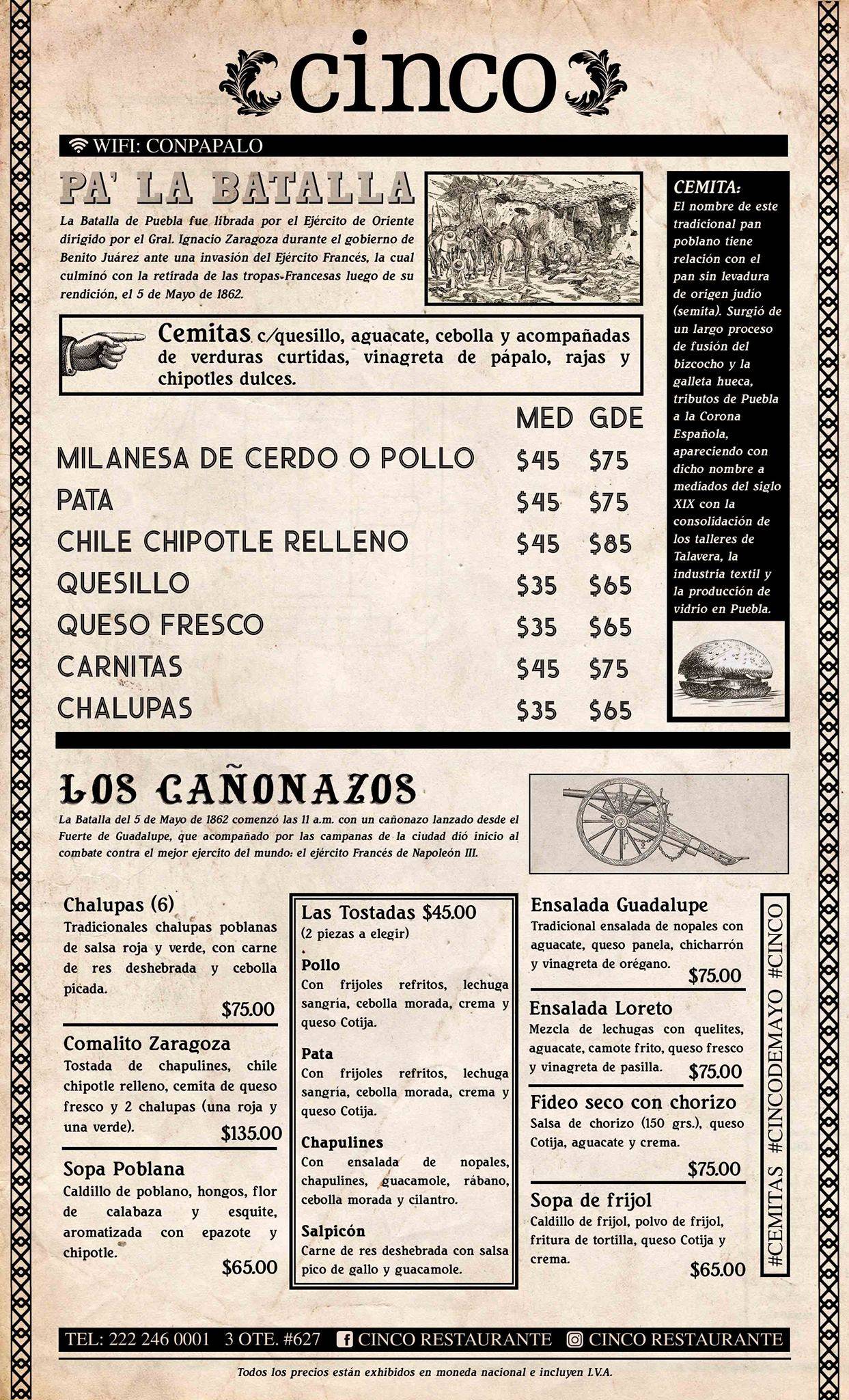 Menu at Cinco Cocina Urbana restaurant, Puebla City
