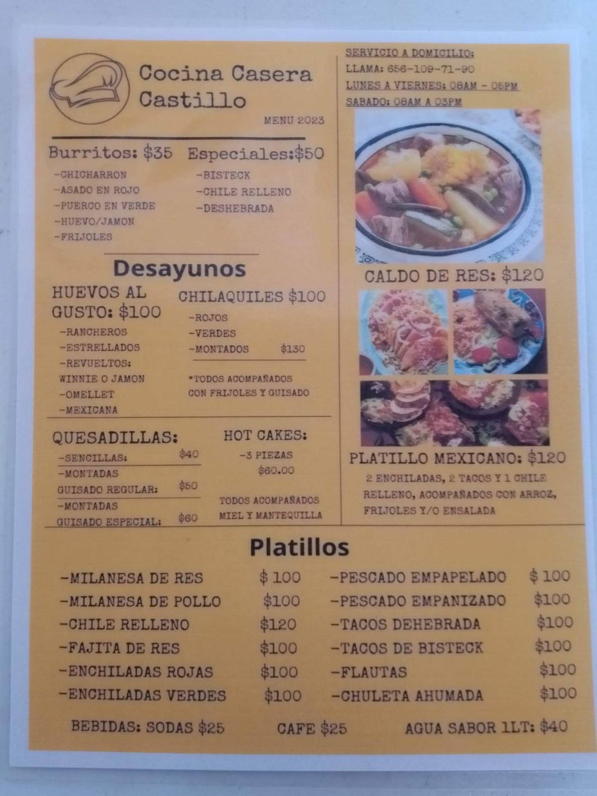 Menu at Cocina casera castillo restaurant, Ciudad Juarez