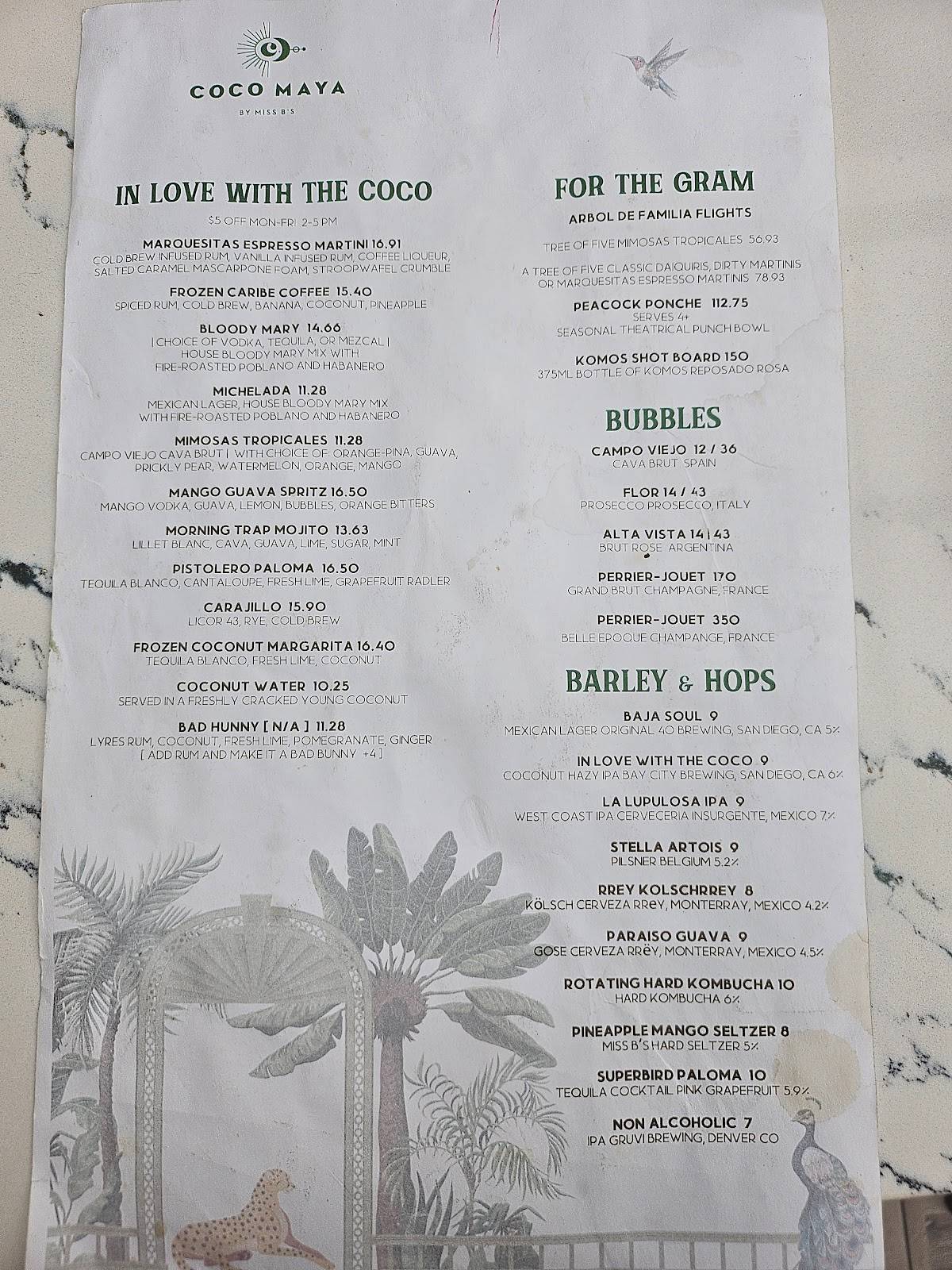 Menu at Coco Maya by Miss B's pub & bar, San Diego