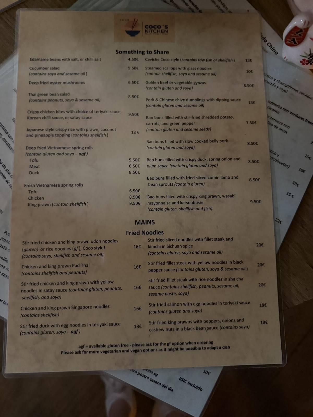 Menu at Coco´s Kitchen restaurant, Castillo Caleta de Fuste