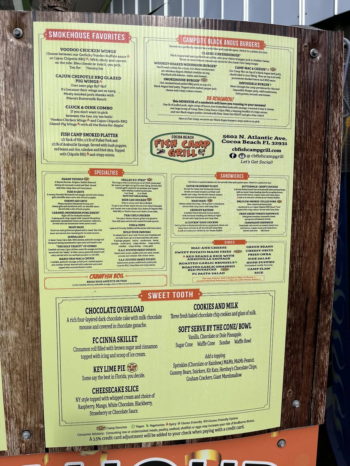 Menu at Cocoa Beach Fish Camp restaurant, Cocoa Beach