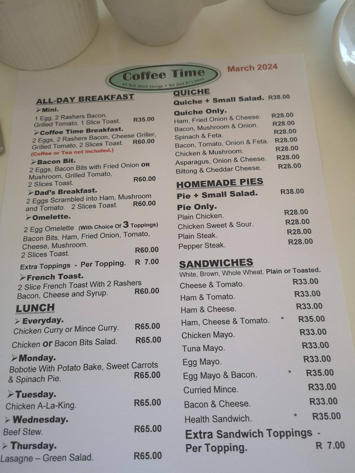 Menu at Coffee Time cafe, George, 65 York St