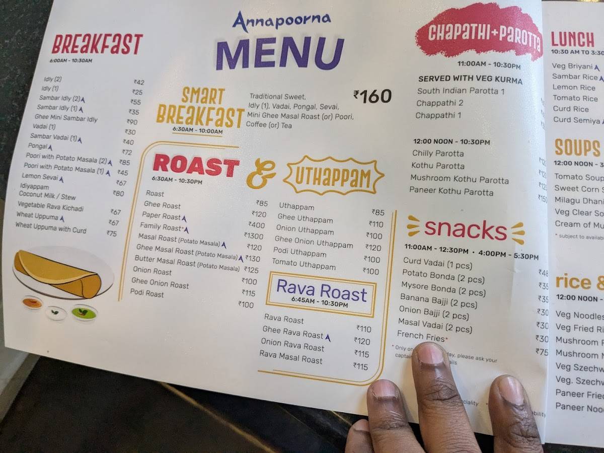 Menu at Annapoorna - Avinashi road, Coimbatore, 20A & 20B