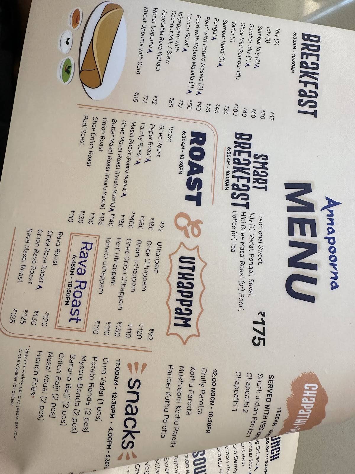 Menu at Annapoorna- Sundarapuram, Coimbatore, Coimbatore