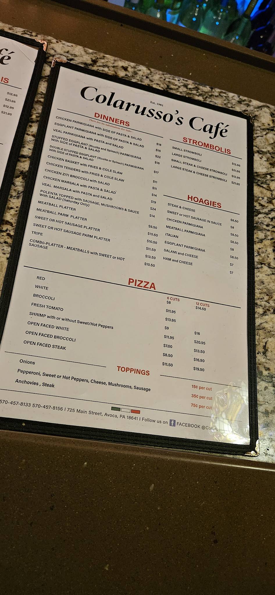 Menu at Colarusso's Cafe, Avoca, 725 Main St