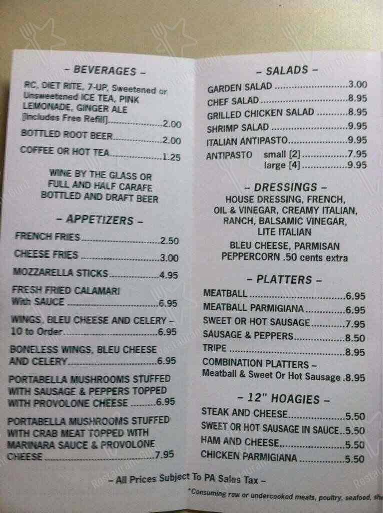 Menu at Colarusso's Cafe, Avoca, 725 Main St