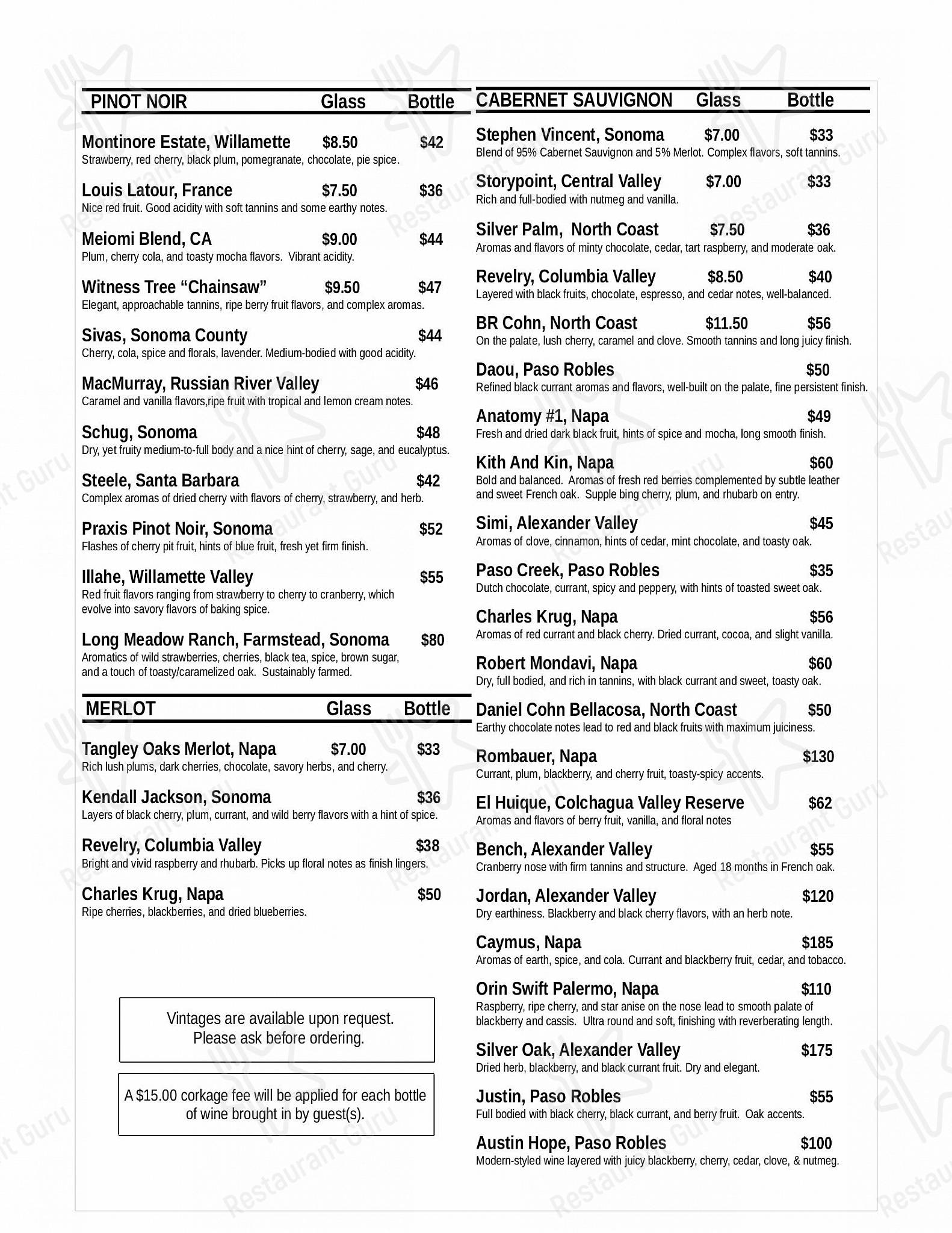 Menu at Cola's Restaurant, Columbia