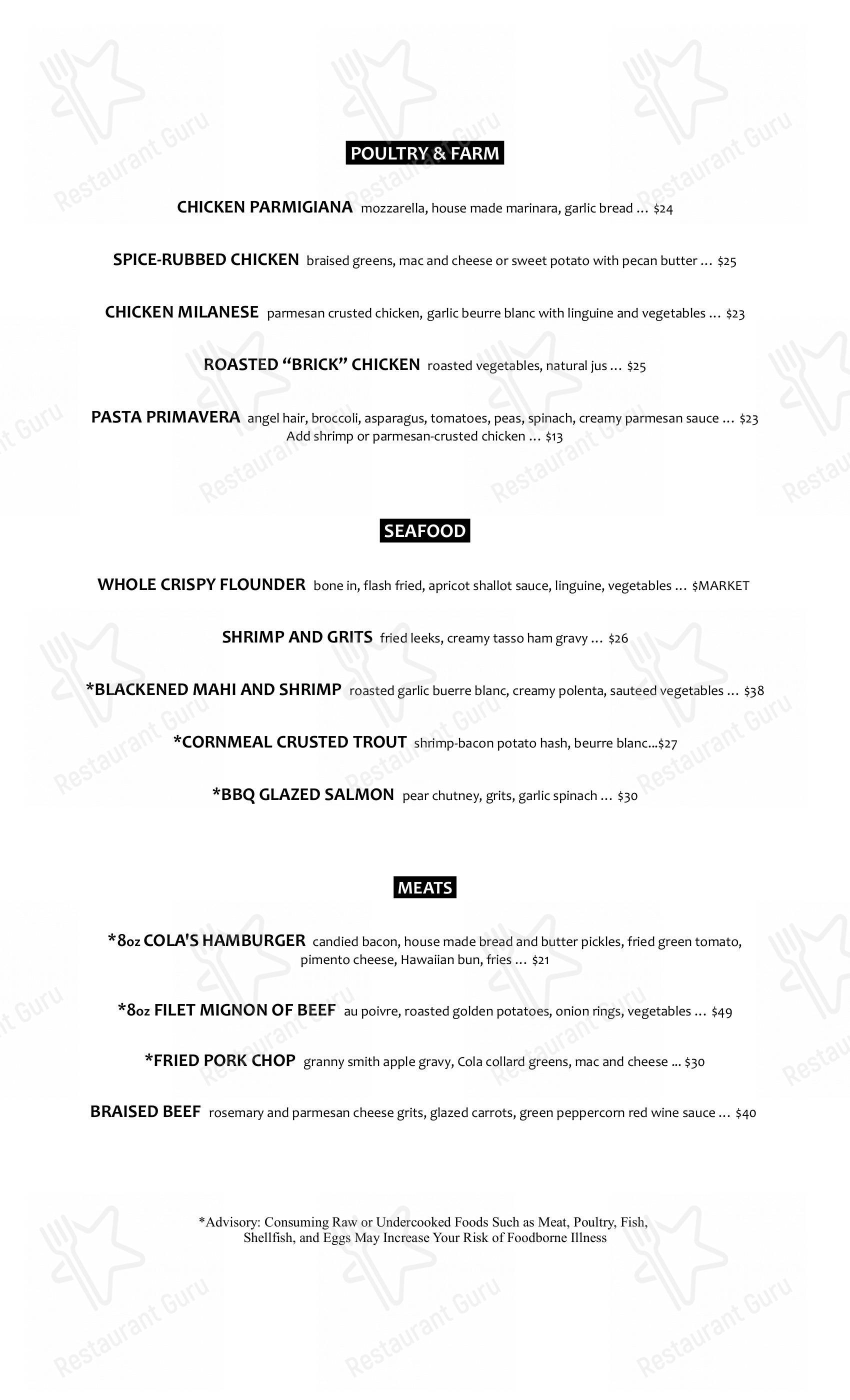Menu at Cola's Restaurant, Columbia