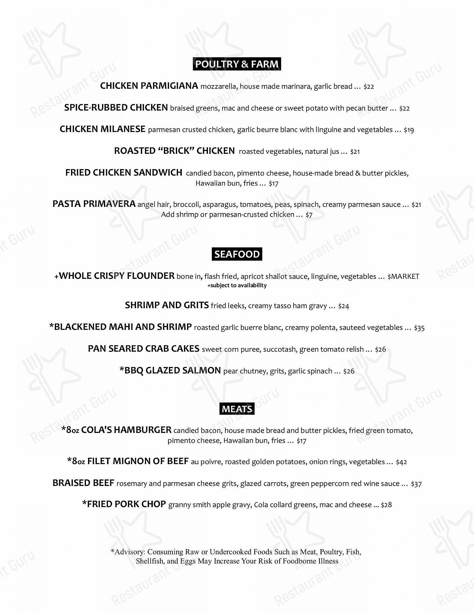 Menu at Cola's Restaurant, Columbia