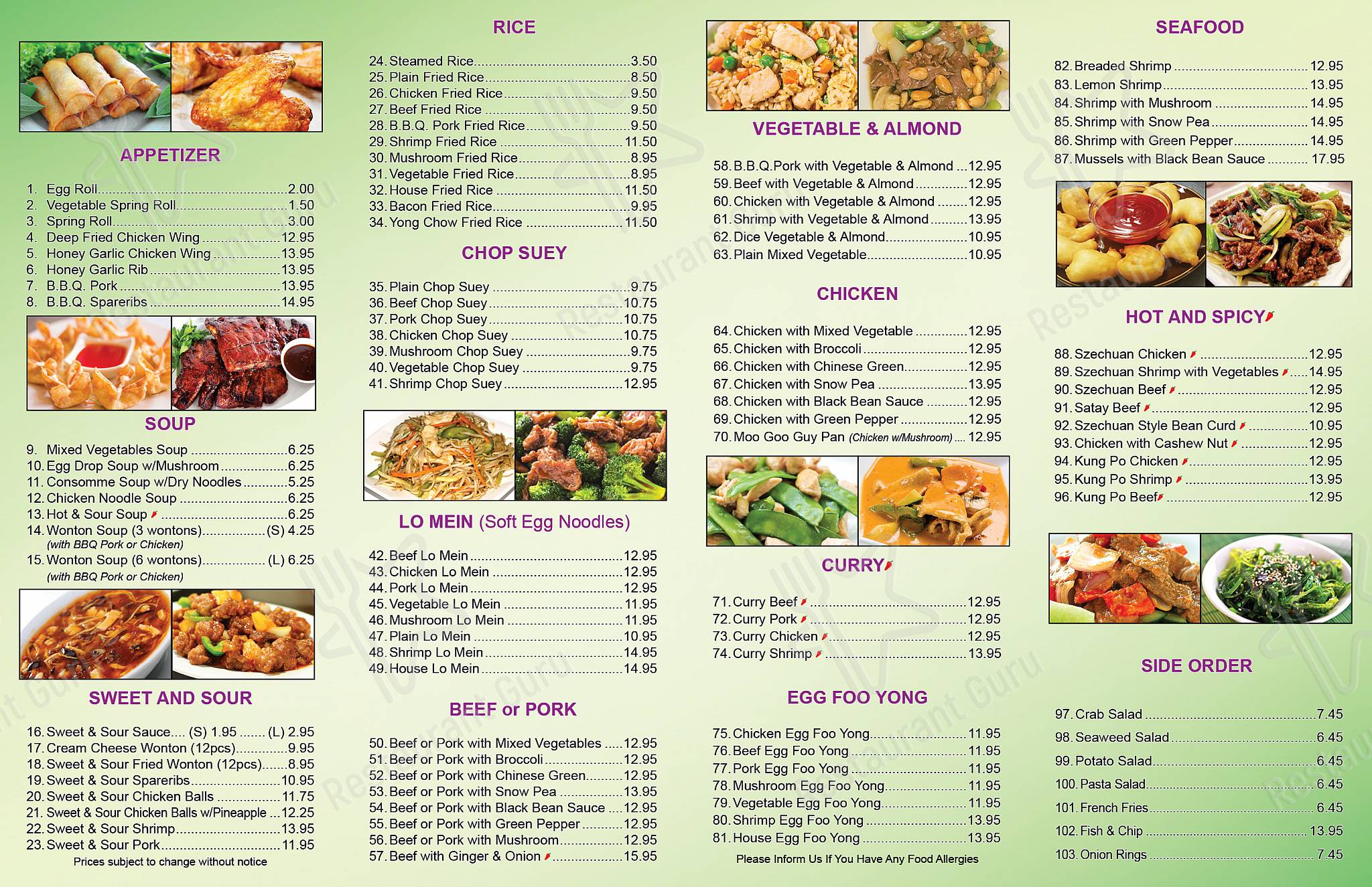 Menu at Colborne Chinese Buffet restaurant, Orillia