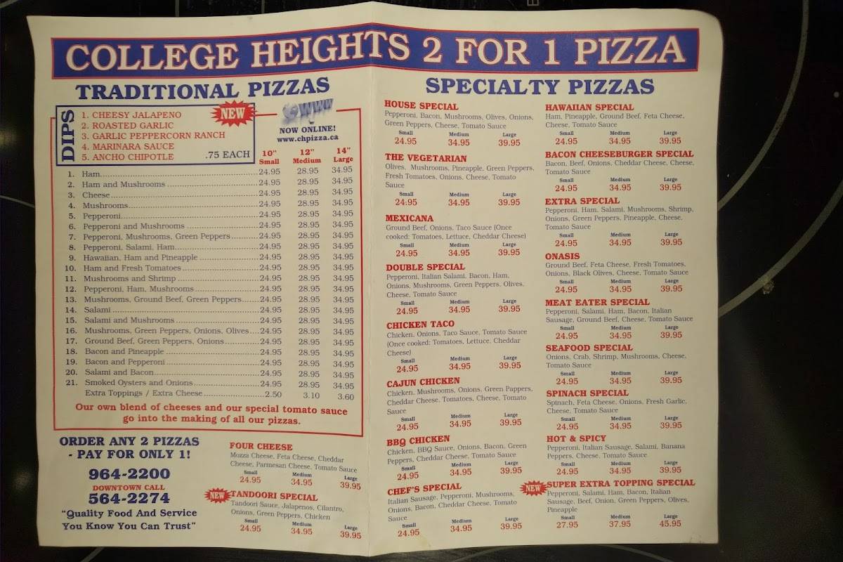 Menu at College Heights 2 for 1 Pizza pizzeria, Prince George