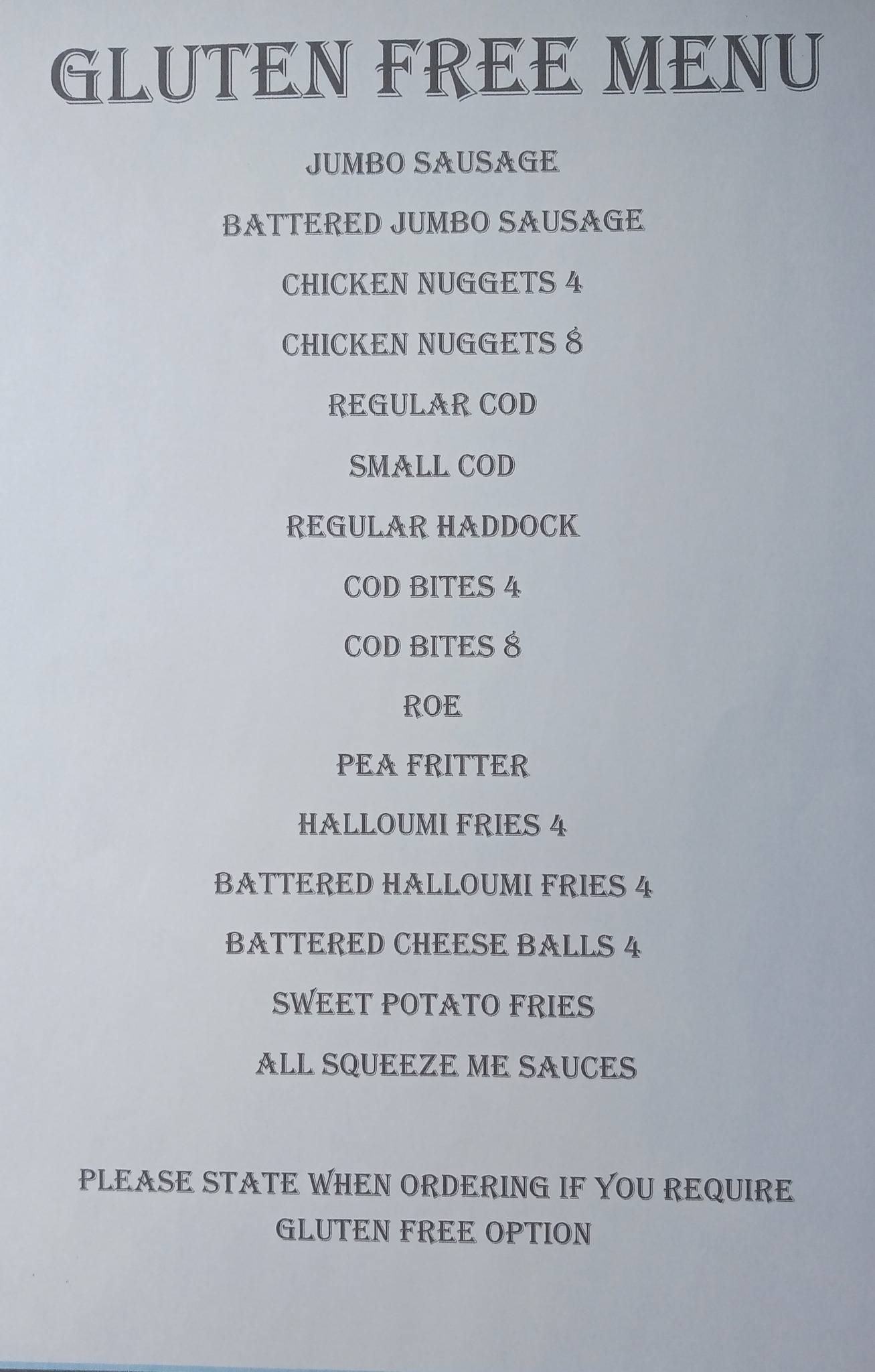 Menu at College Lane Fish Bar, Bodmin