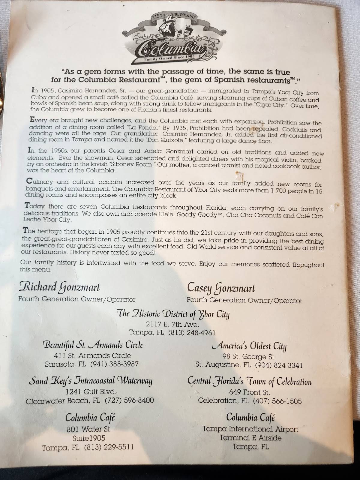 Menu at Columbia Restaurant, Tampa, E 7th Ave