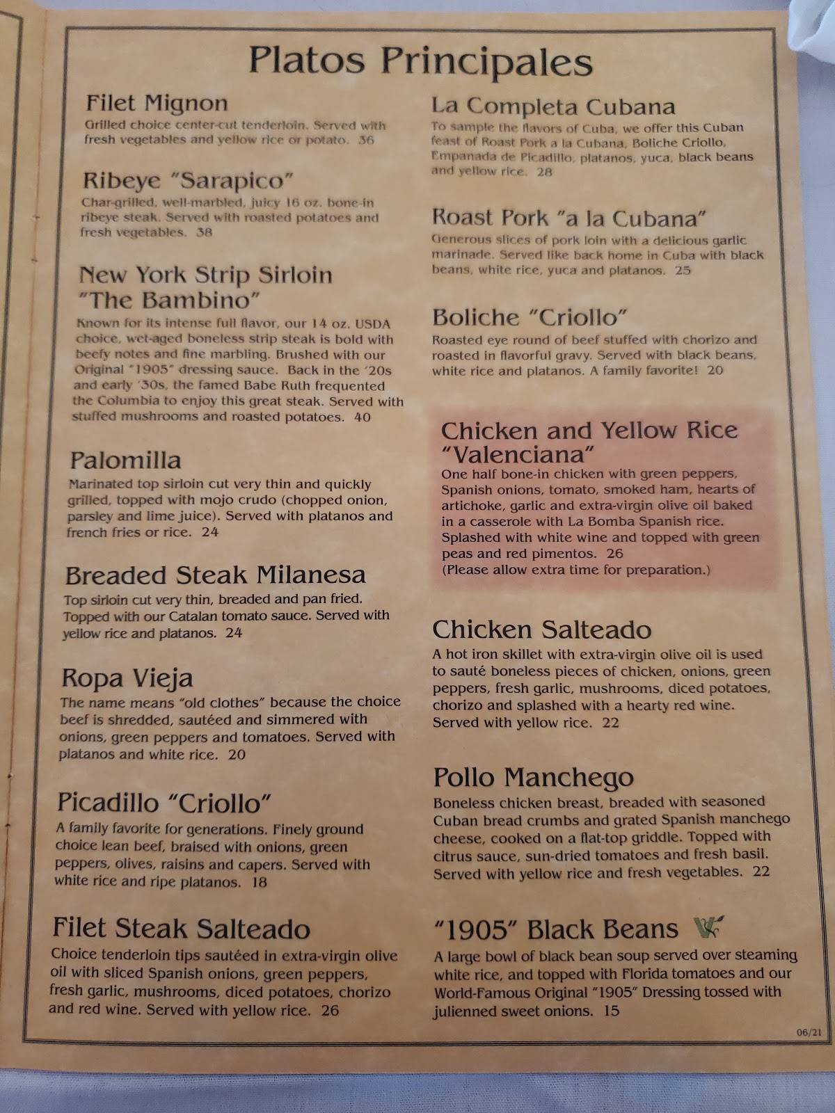 Menu at Columbia Restaurant Sand Key, Clearwater