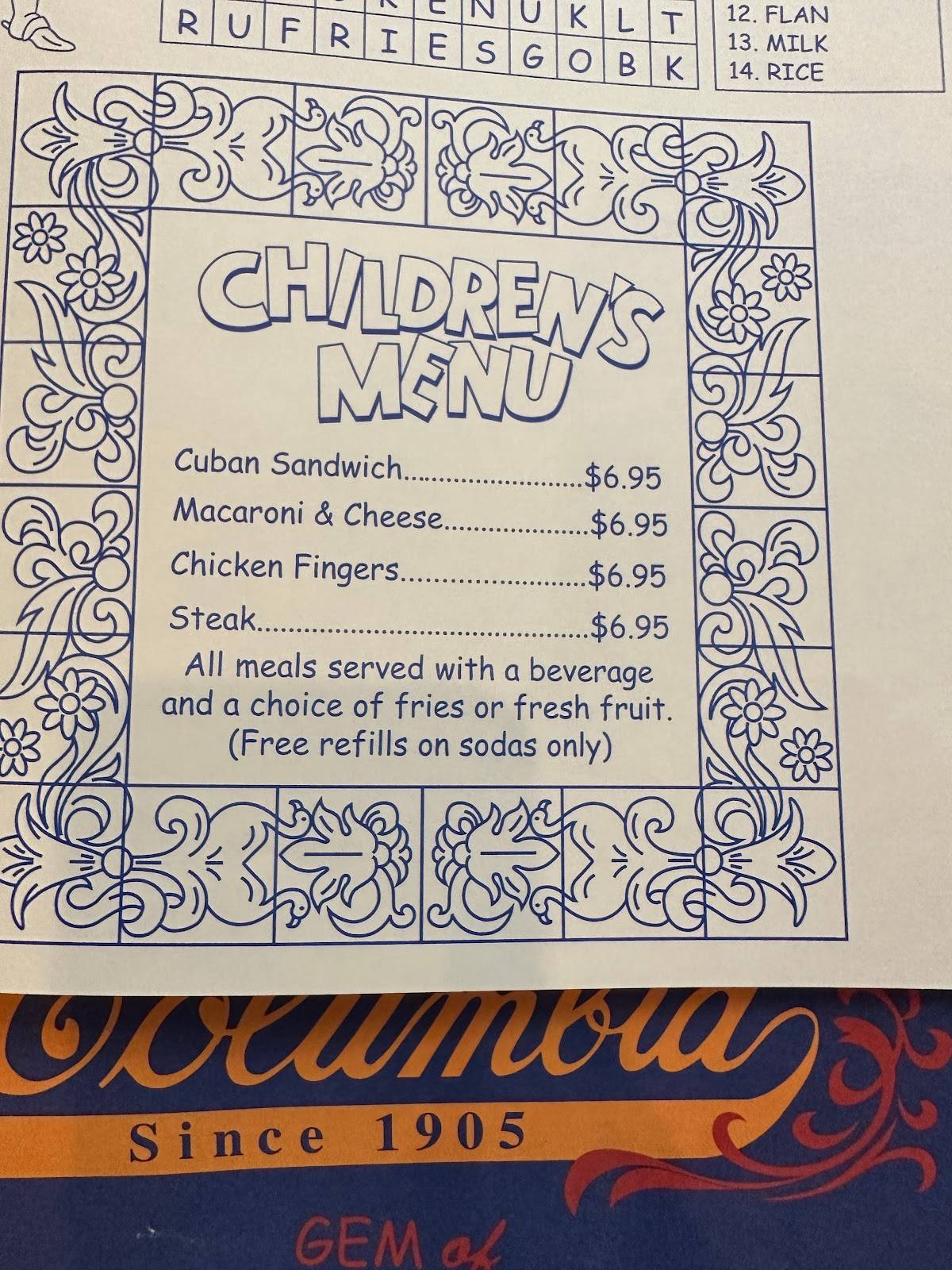 Menu at Columbia Restaurant Sand Key, Clearwater