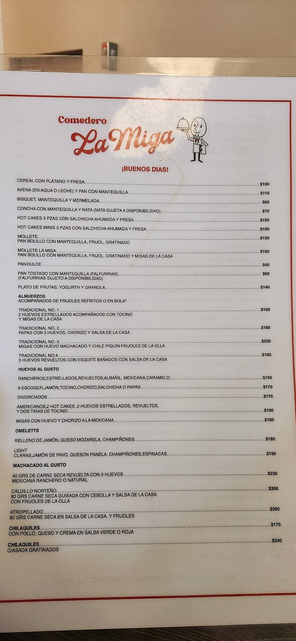 Carta del restaurante Comedero La Miga, Monterrey