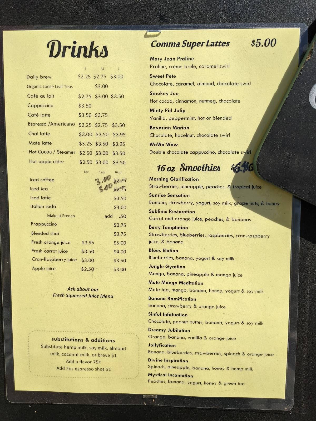 Menu at Comma Coffee cafe, Carson City
