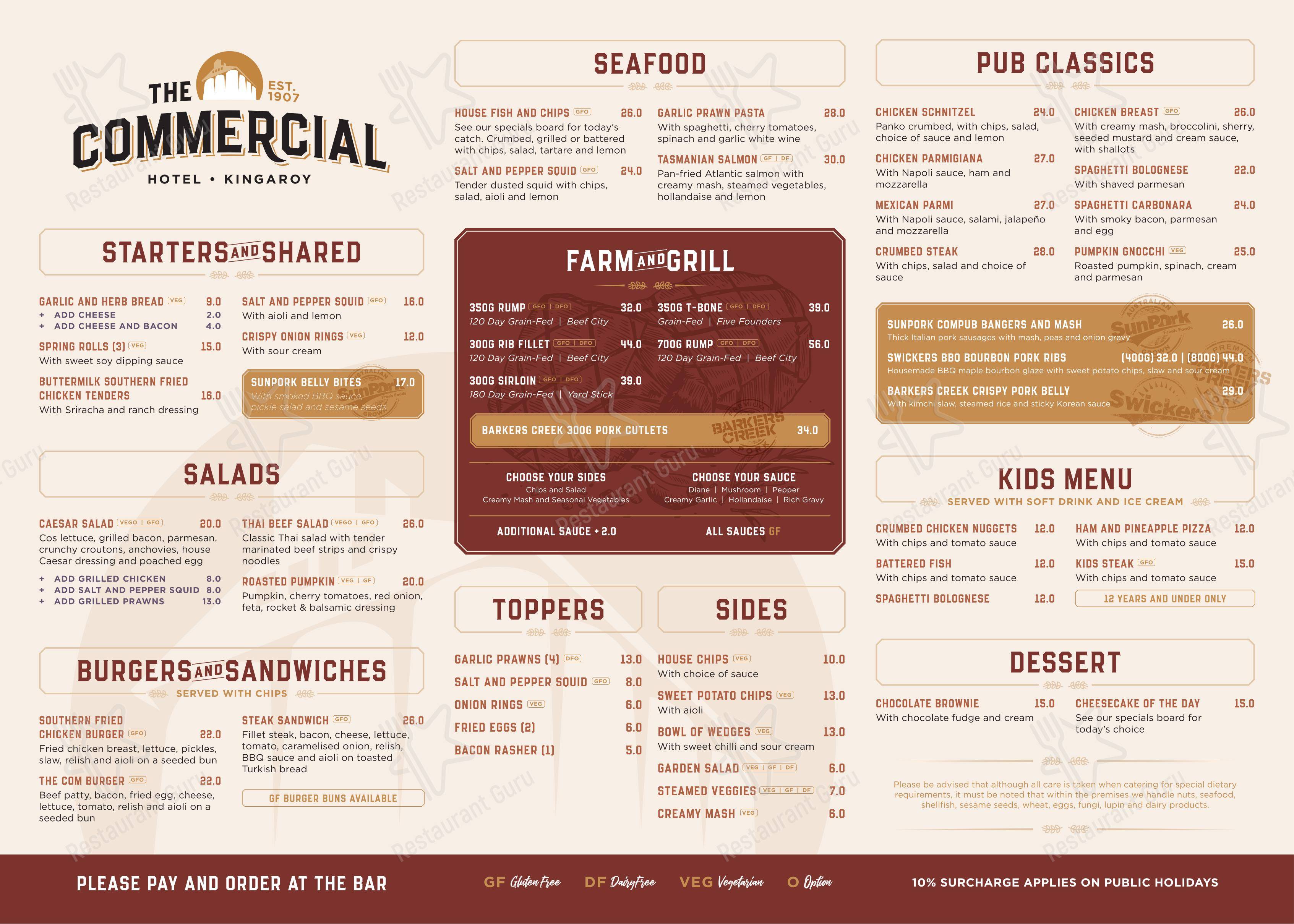 Menu at Commercial Hotel Kingaroy pub & bar, Kingaroy