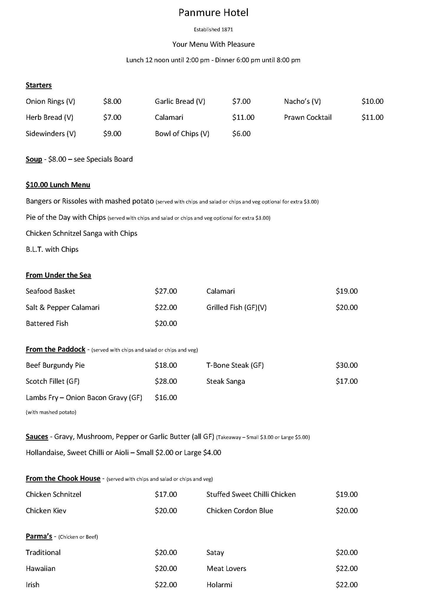 Menu at Commercial Hotel Panmure pub & bar, Panmure