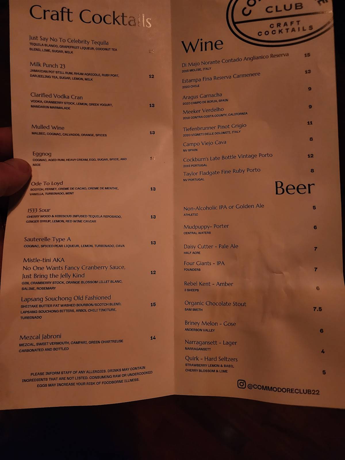 Menu at Commodore Club, Appleton
