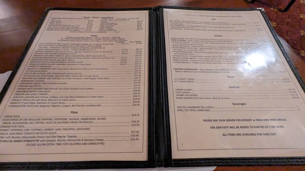 Menu at Como's Italian Restaurant, El Paso