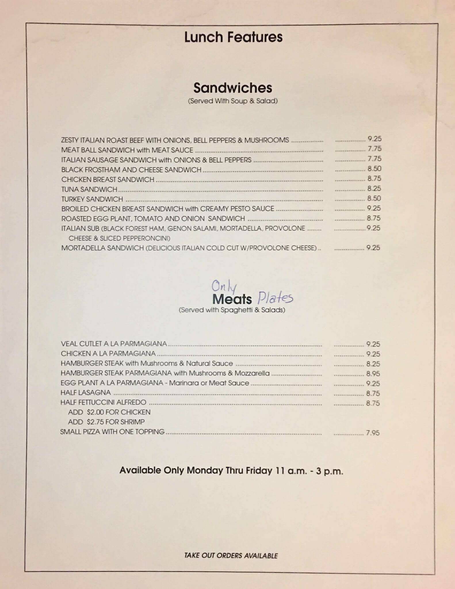 Menu at Como's Italian Restaurant, El Paso