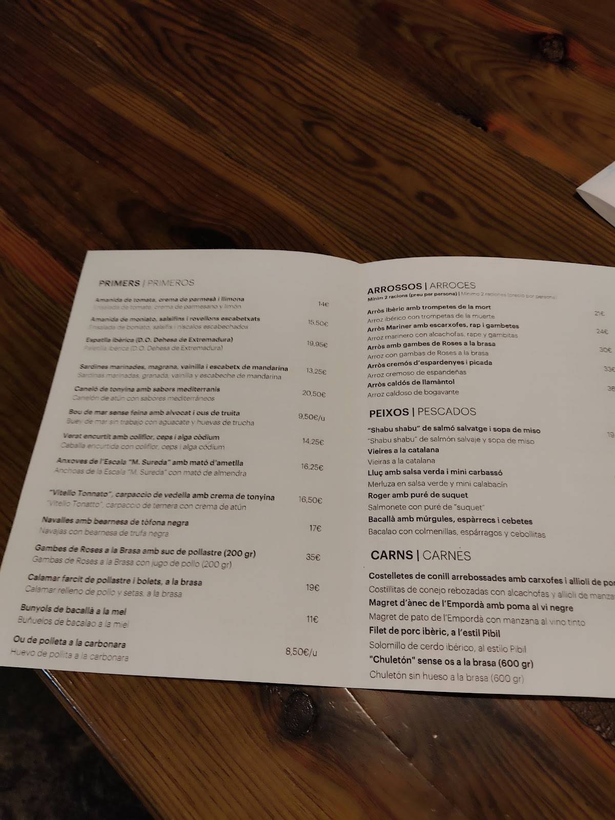 Menu at Compartir restaurant, Cadaqués, Riera de Sant Vicenç
