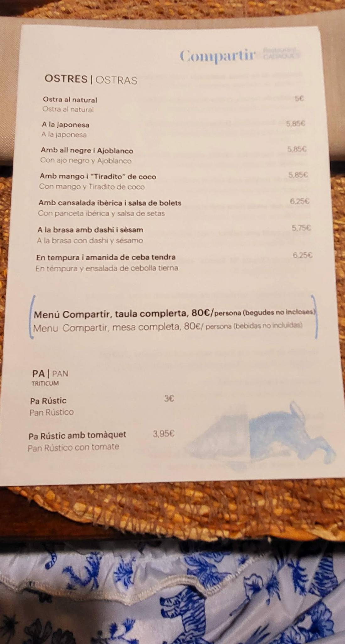 Menu at Compartir restaurant, Cadaqués, Riera de Sant Vicenç