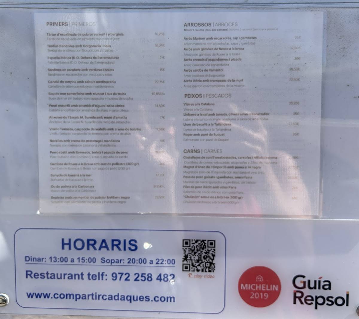 Menu at Compartir restaurant, Cadaqués, Riera de Sant Vicenç