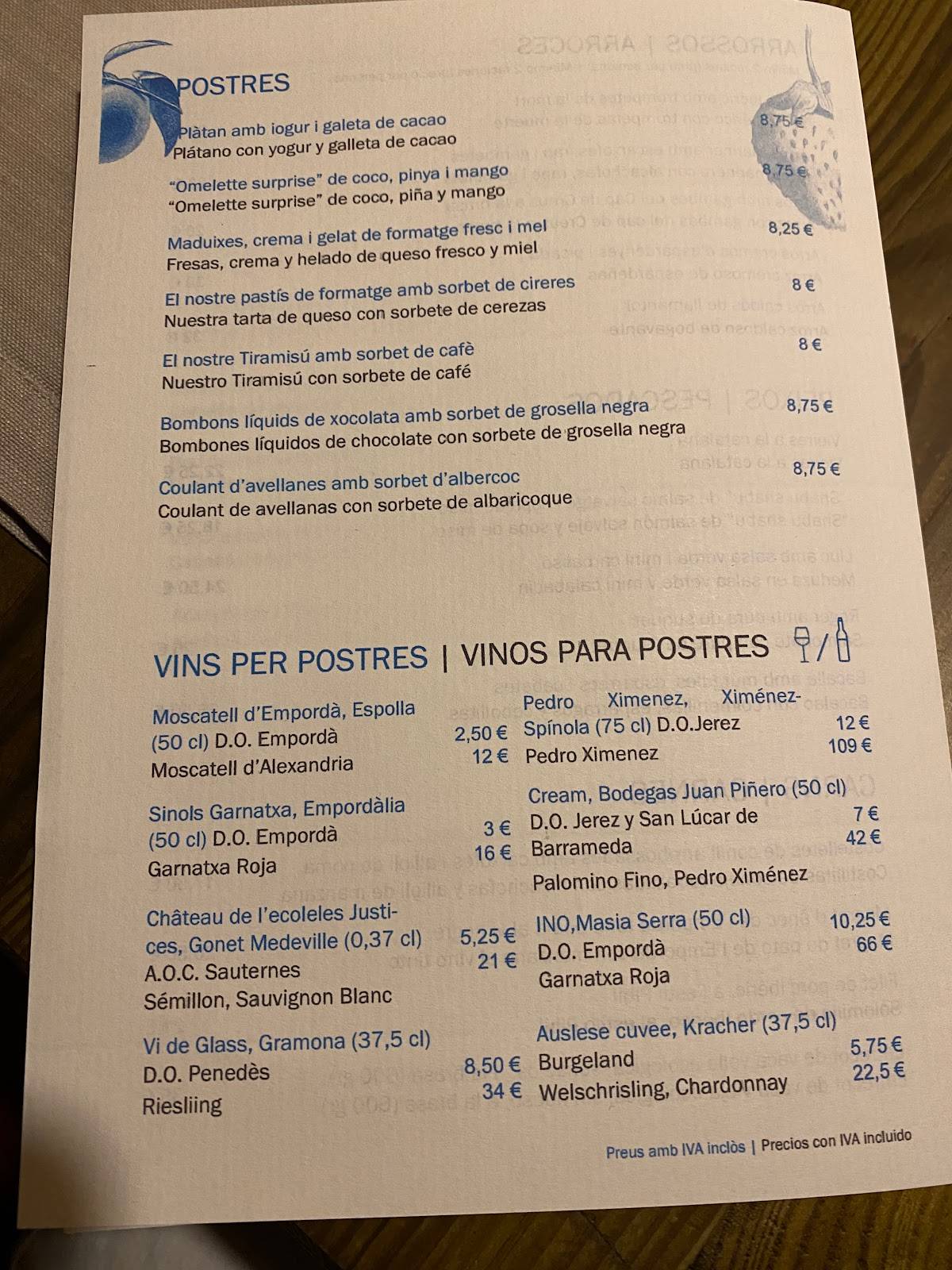 Menu at Compartir restaurant, Cadaqués, Riera de Sant Vicenç