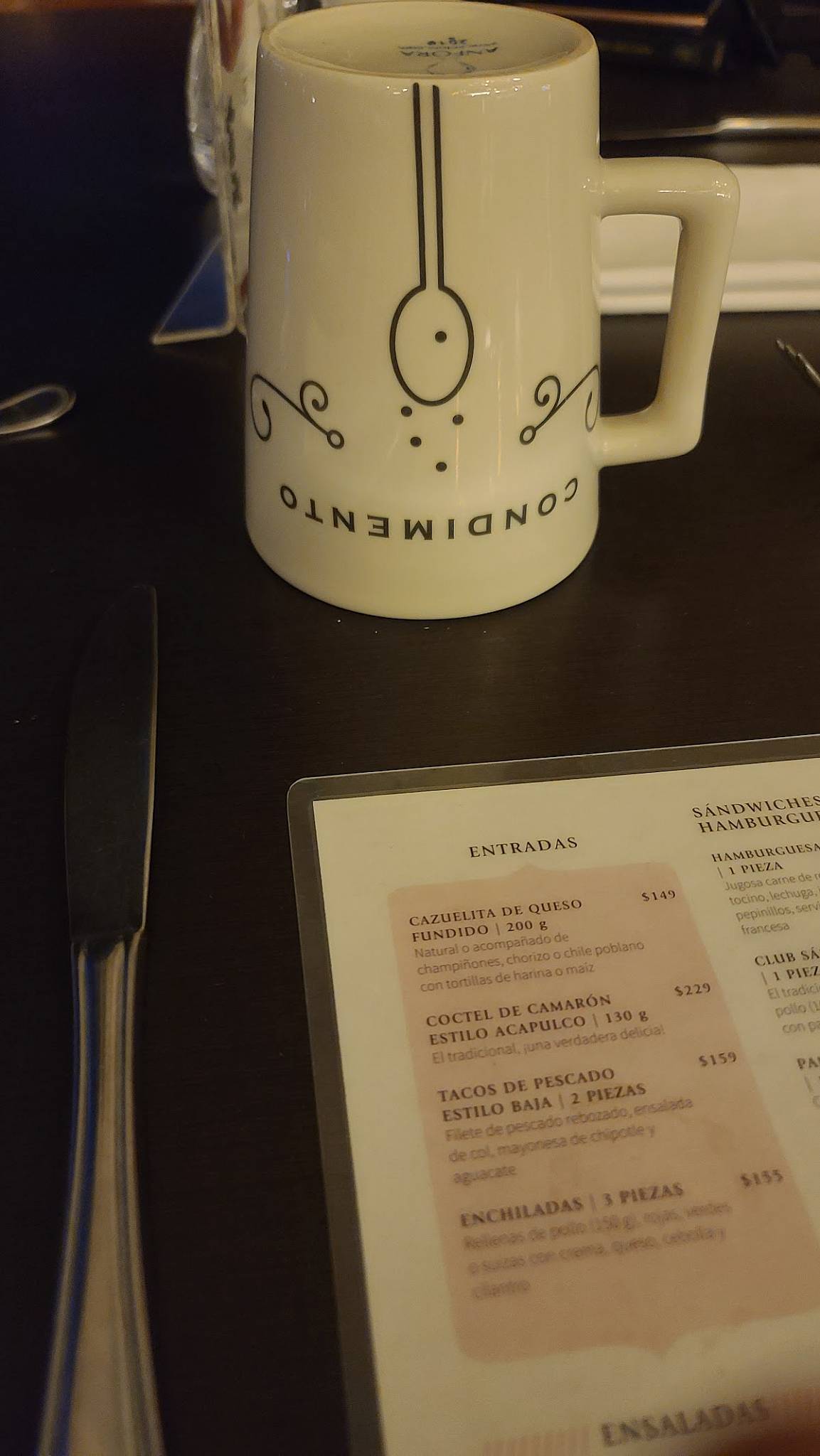 Menu at Condimento restaurant, Tuxtla Gutiérrez