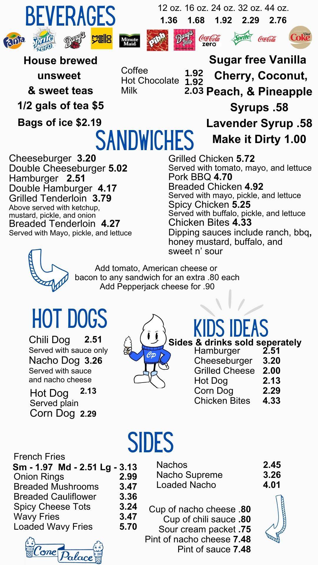 Menu at Cone Palace restaurant, Kokomo