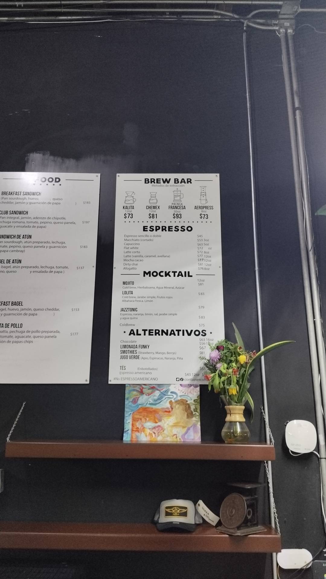 Menu at Container Coffee Roaster cafe, Tijuana