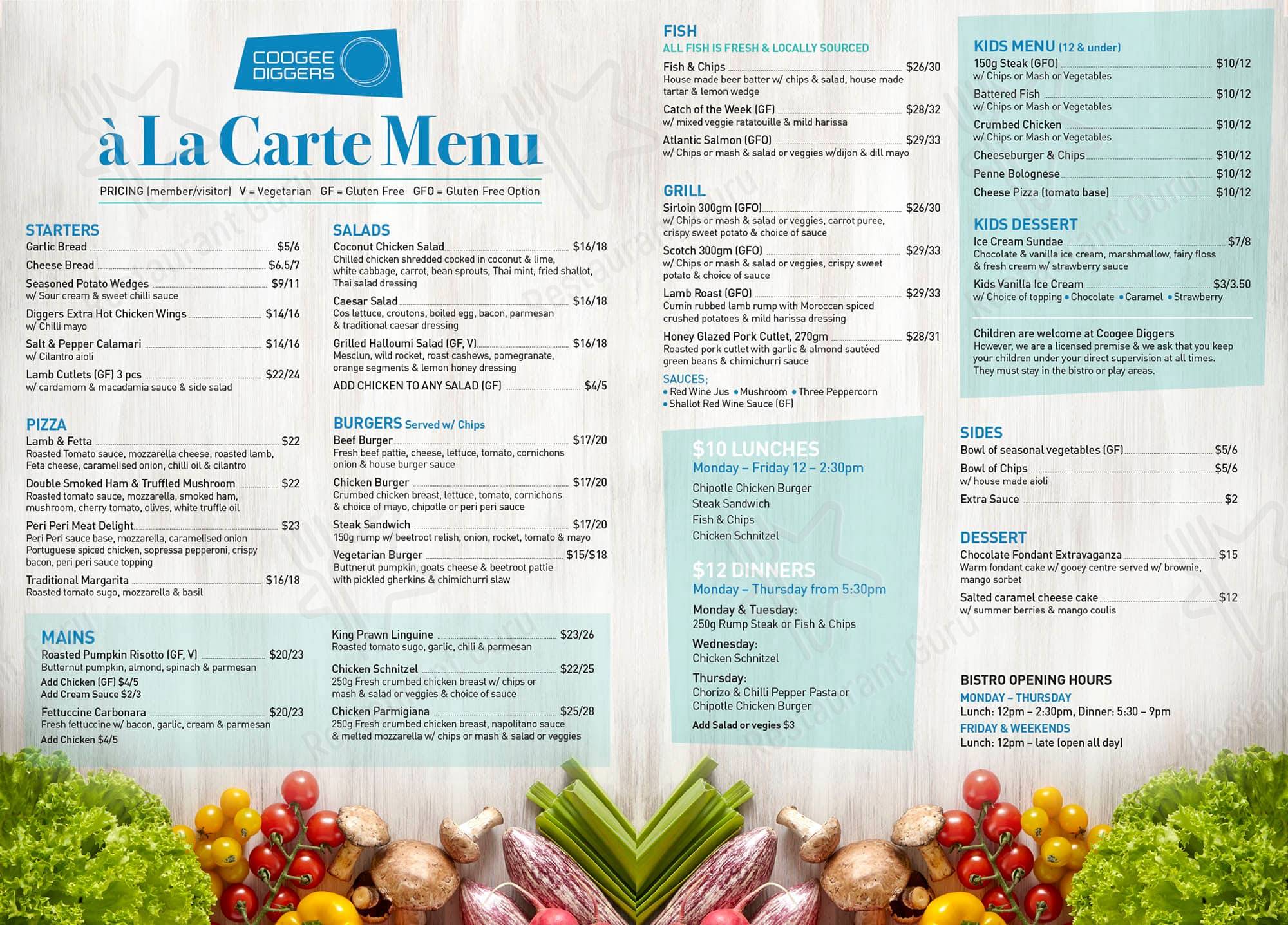 Menu at Coogee Diggers pub & bar, Coogee, 2 Byron St