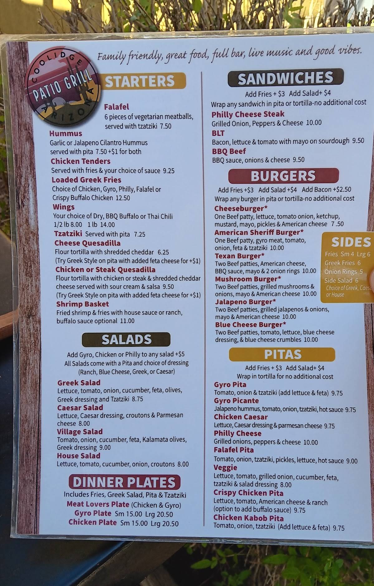 Menu at Coolidge Patio Grill (Pita Patio) restaurant, Coolidge