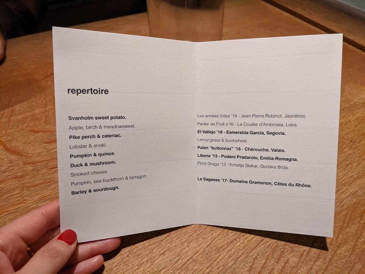 Menu at Relae restaurant, Copenhagen, Jægersborggade 41
