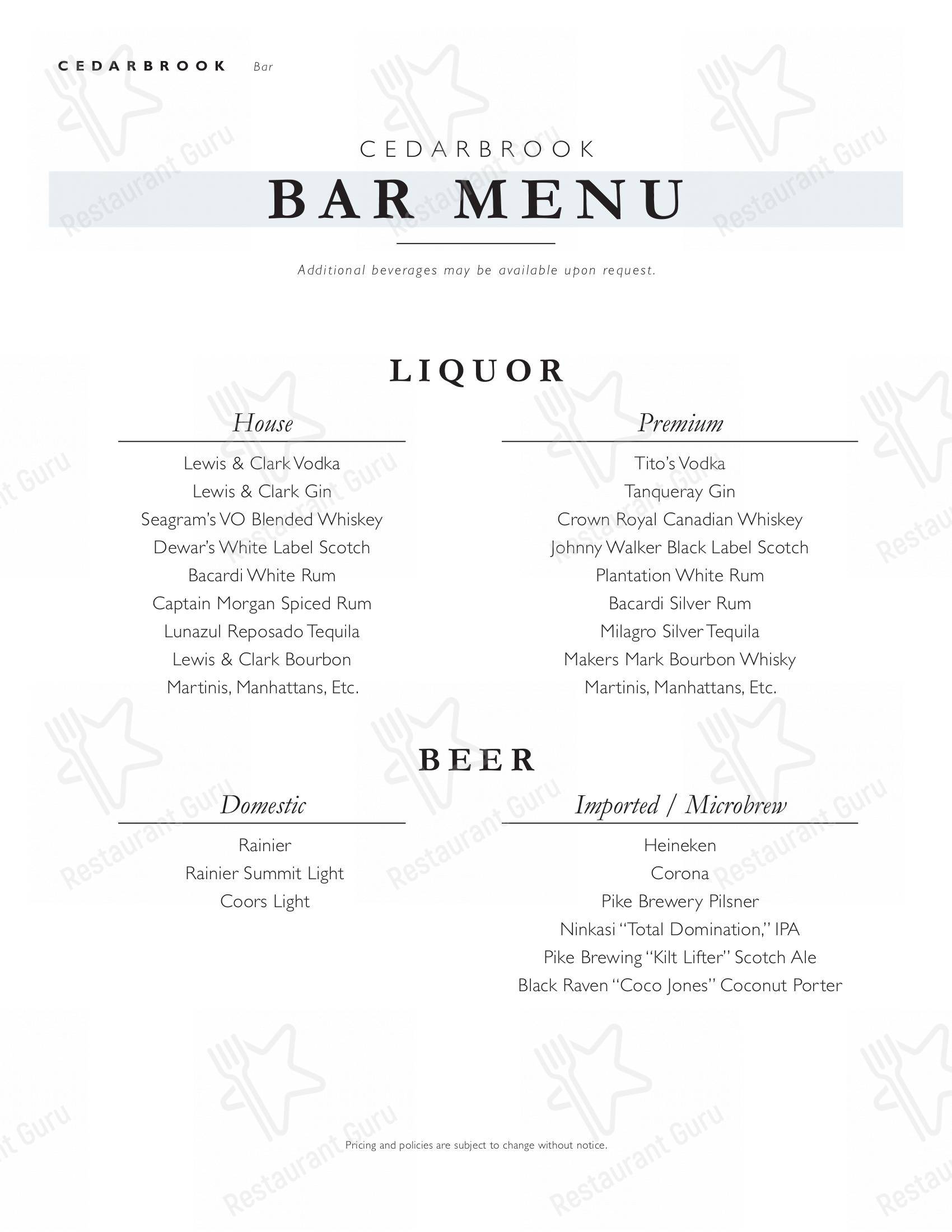 Menu at Copperleaf Restaurant & Bar, SeaTac