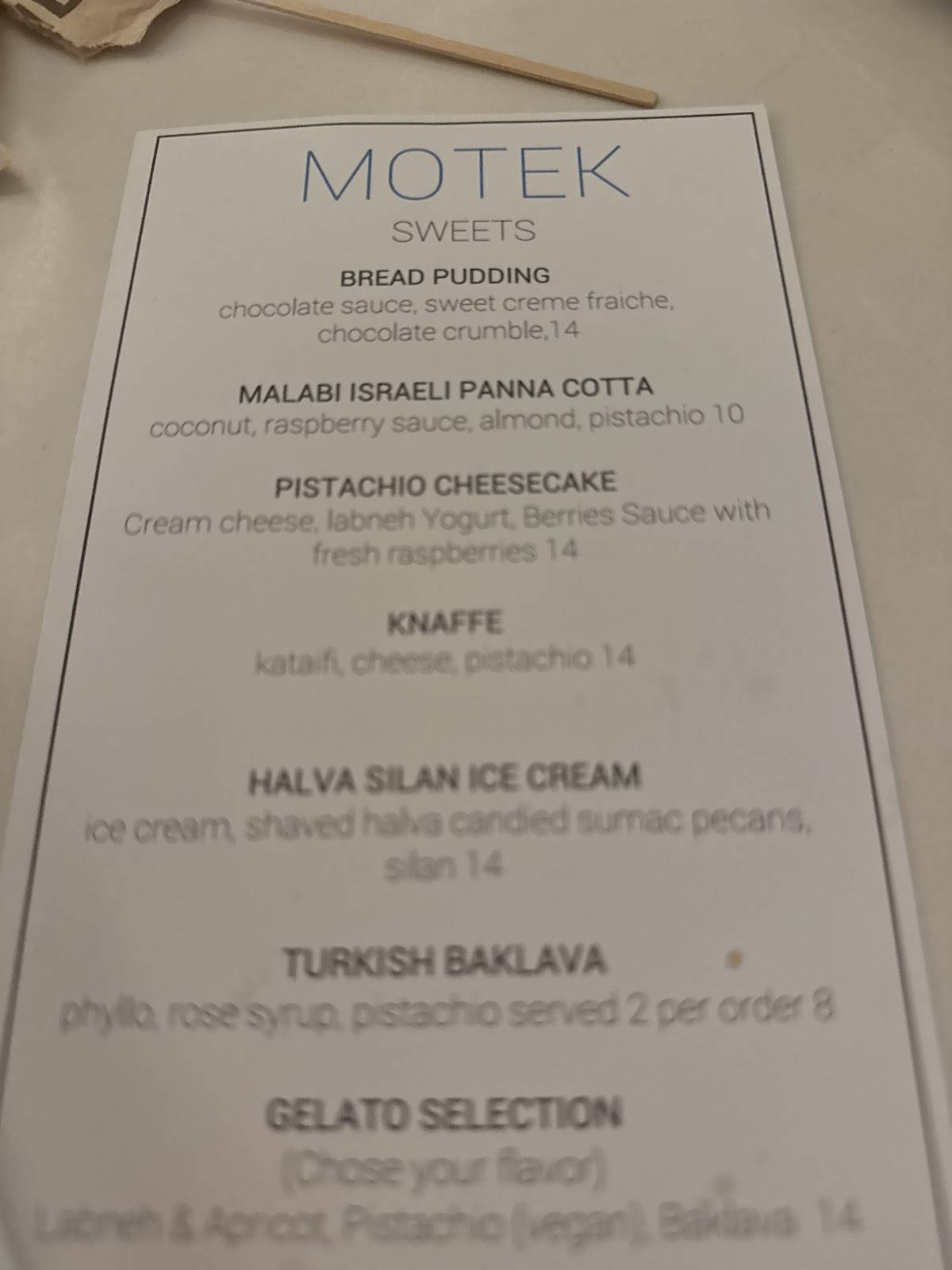 Menu at Motek Coral Gables restaurant, Coral Gables