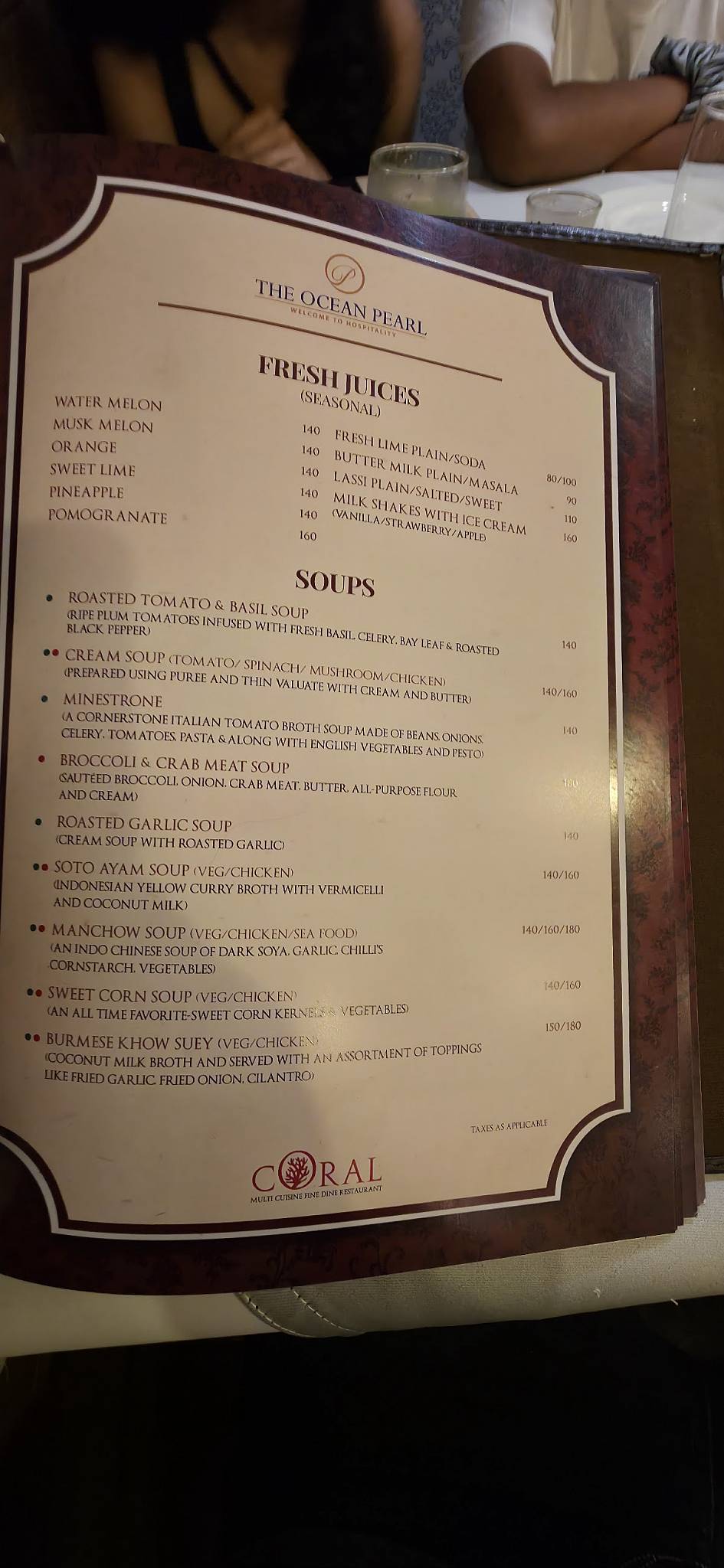 Menu at Coral, Mangaluru, VRGR+45H