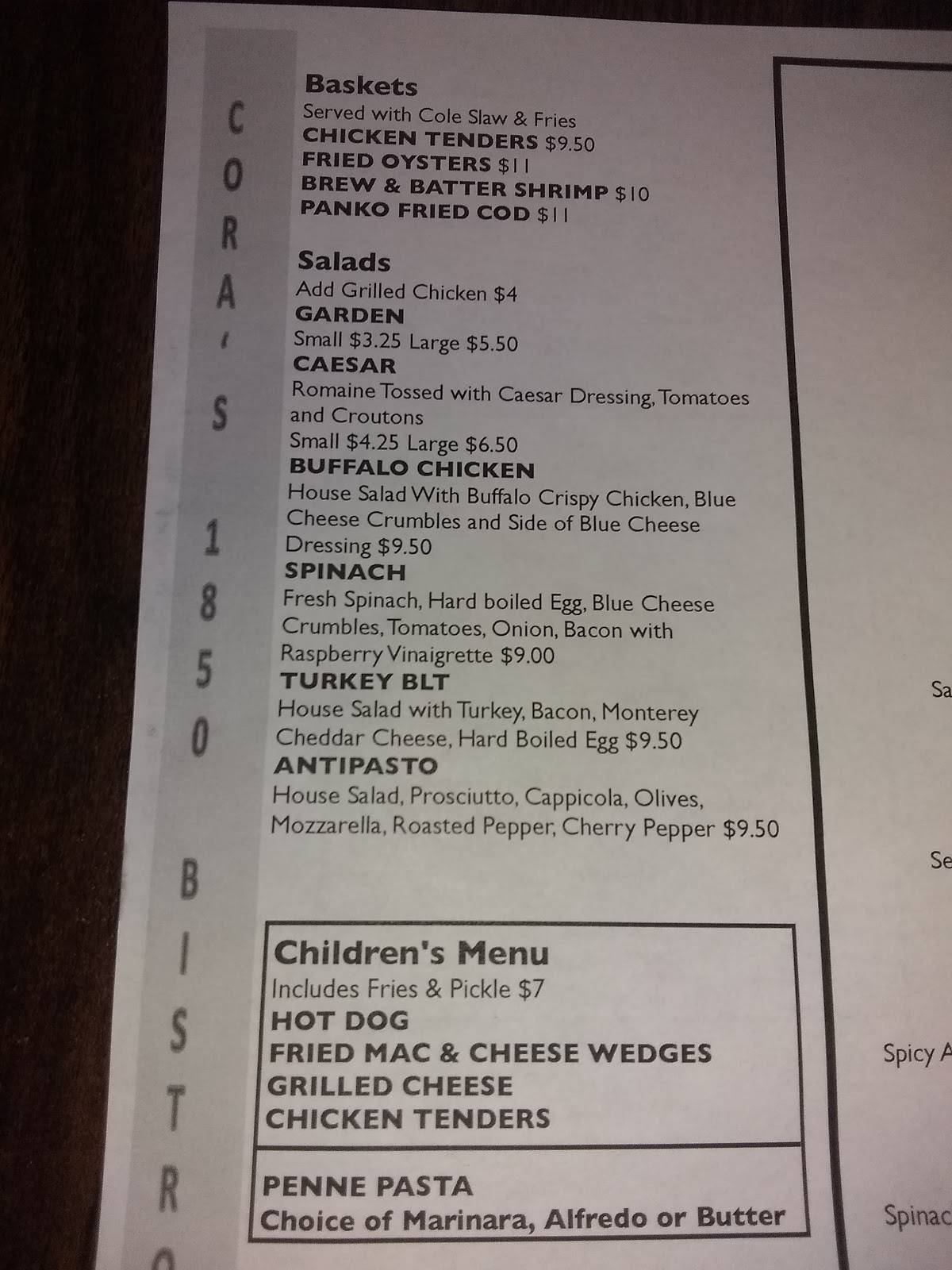 Menu at Cora's 1850 Bistro restaurant, Hawley, 525 Welwood Ave