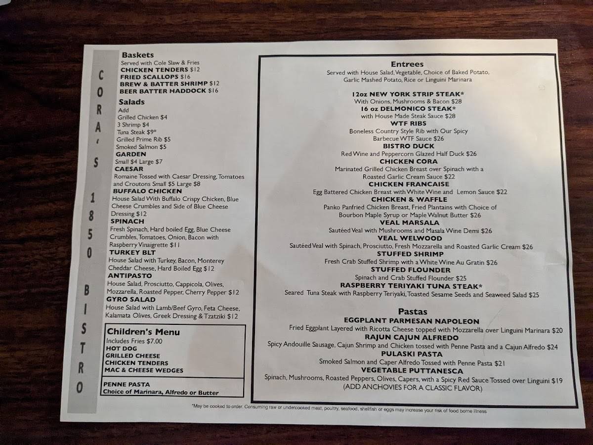 Menu at Cora's 1850 Bistro restaurant, Hawley, 525 Welwood Ave