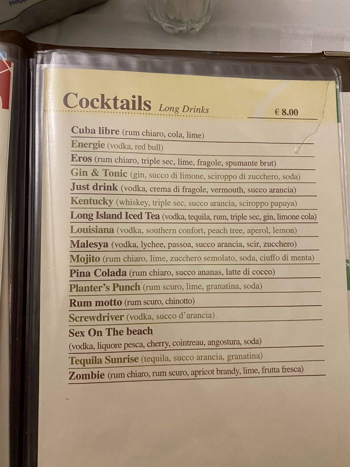 Menu at Cordon Bleu cafe, Reggio Calabria, Corso Giuseppe Garibaldi