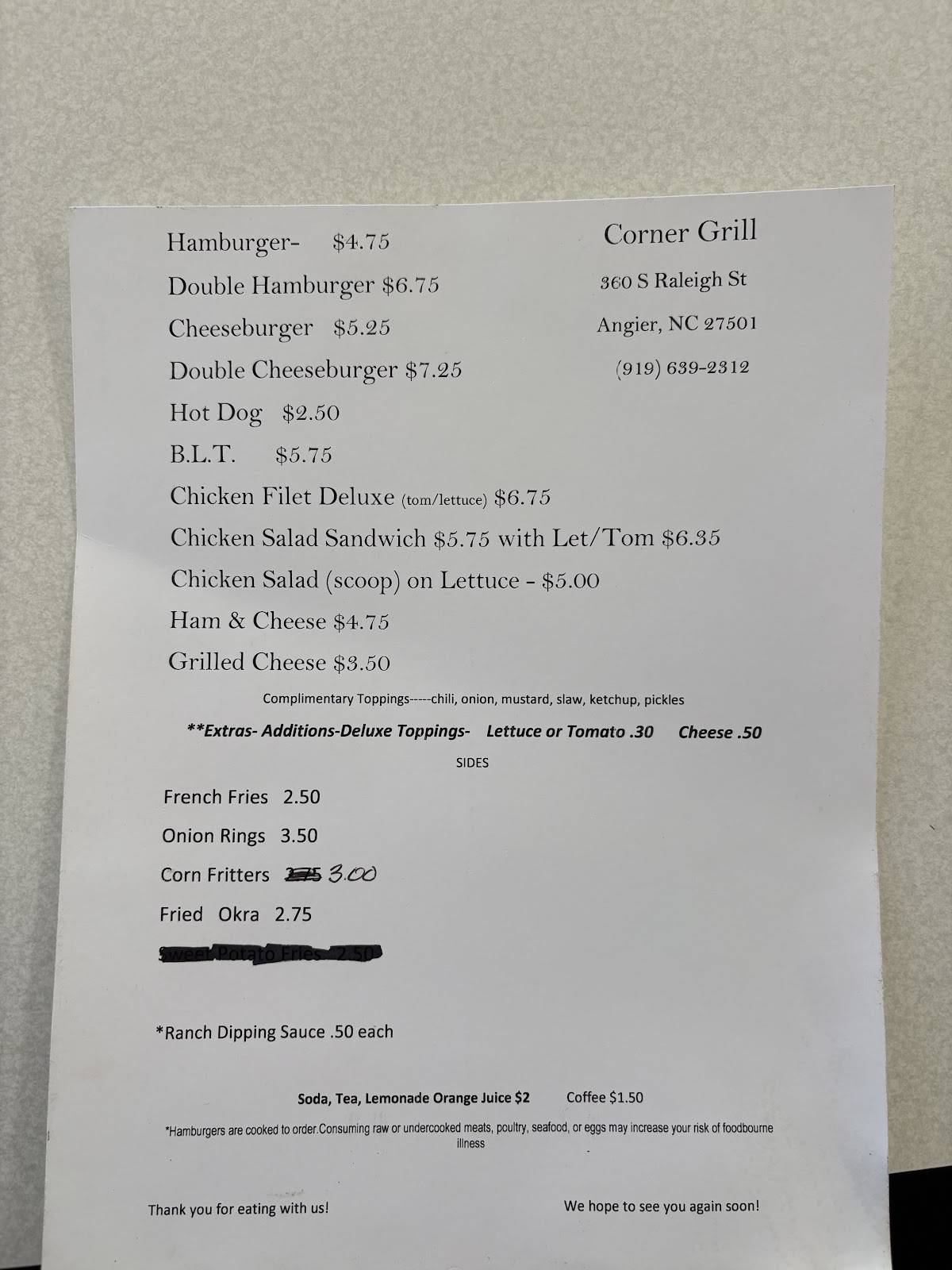 Menu at Corner Grill restaurant, Angier