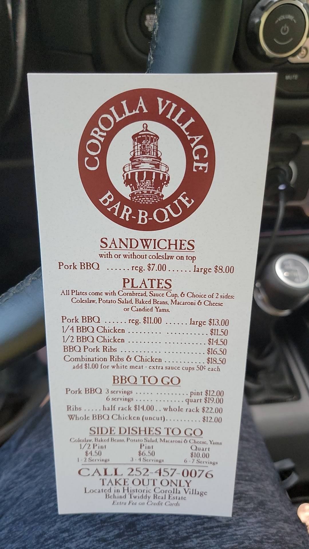 Menu at Corolla Village Barbecue, Corolla