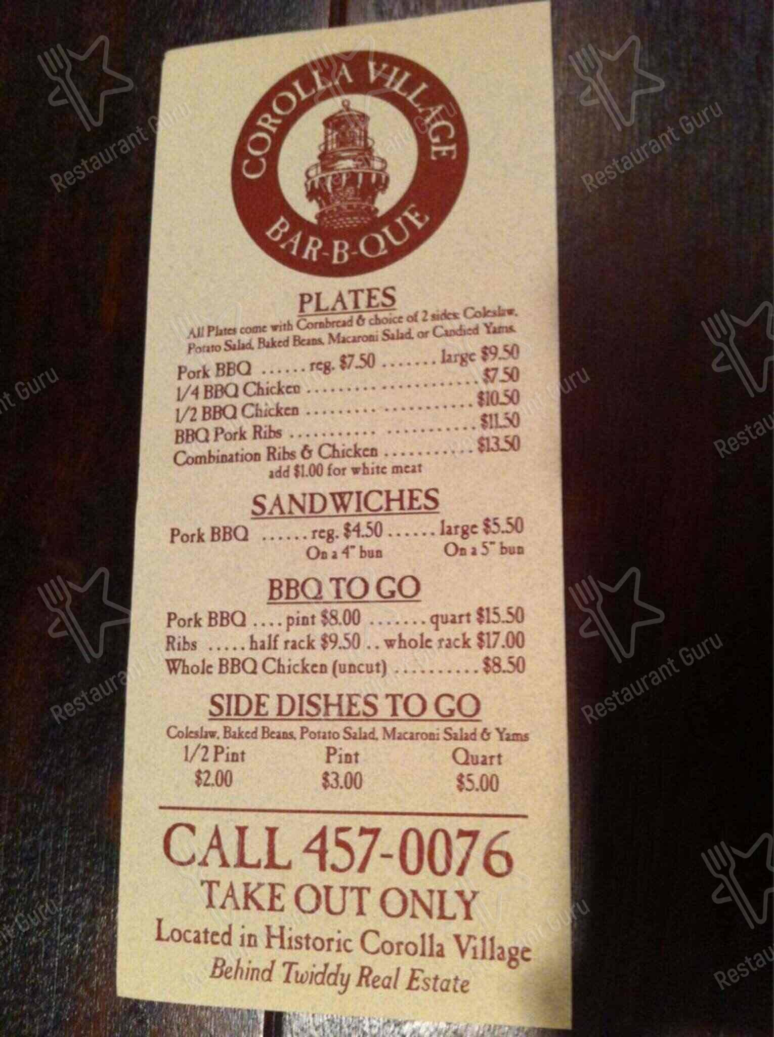 Menu at Corolla Village Barbecue, Corolla