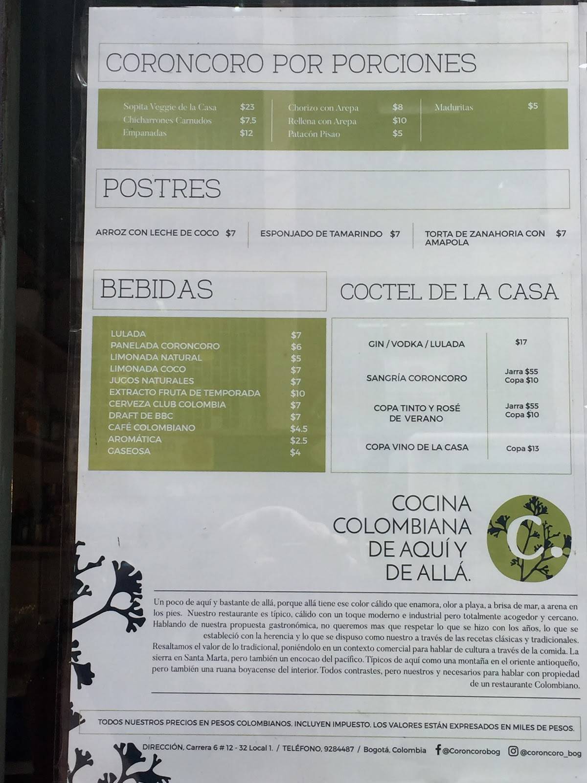 Carta del restaurante Coroncoro, Bogotá