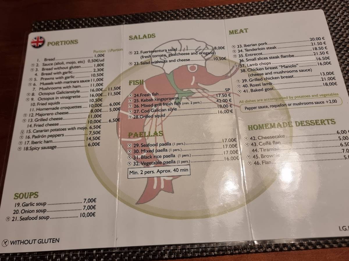 Menu at Casa Manolo restaurant, Corralejo
